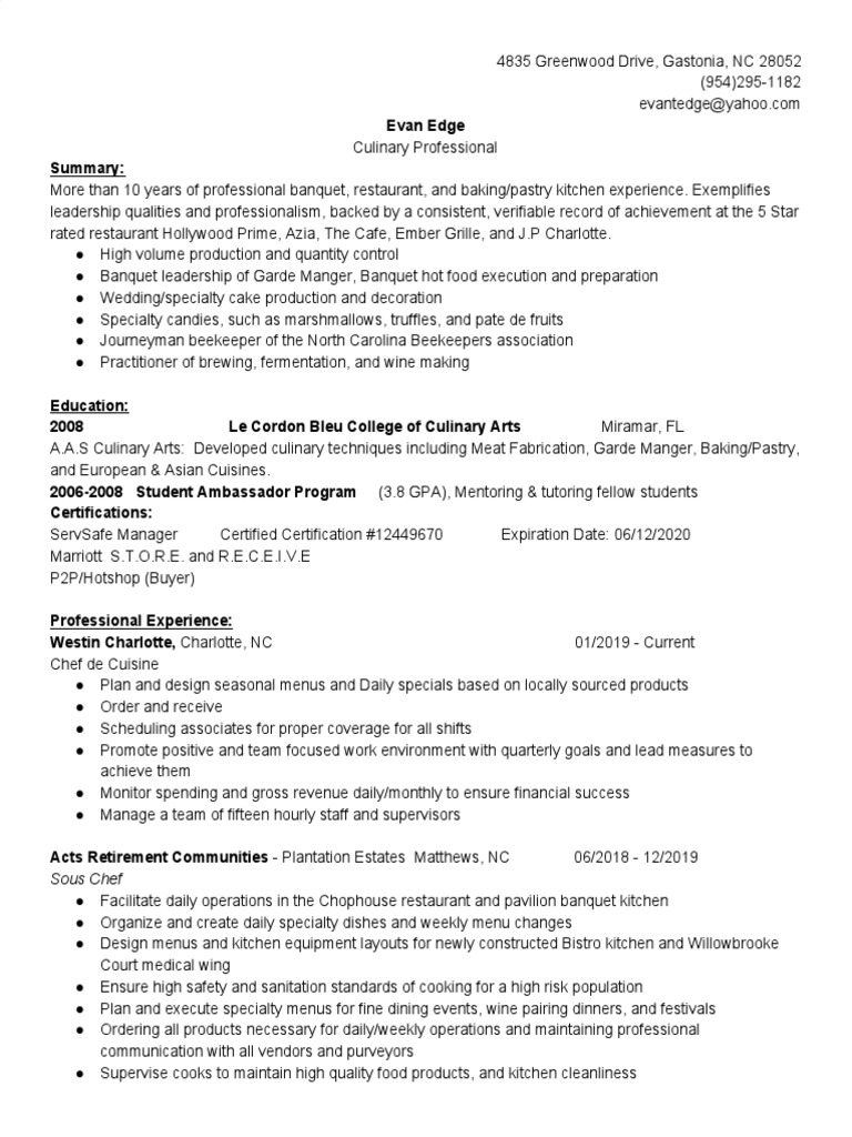 Evan Edge Resume | PDF | Menu | Restaurants