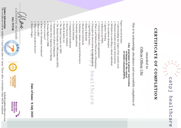 PMVA Training Certificate Overview | PDF | Self-Improvement | Wellness