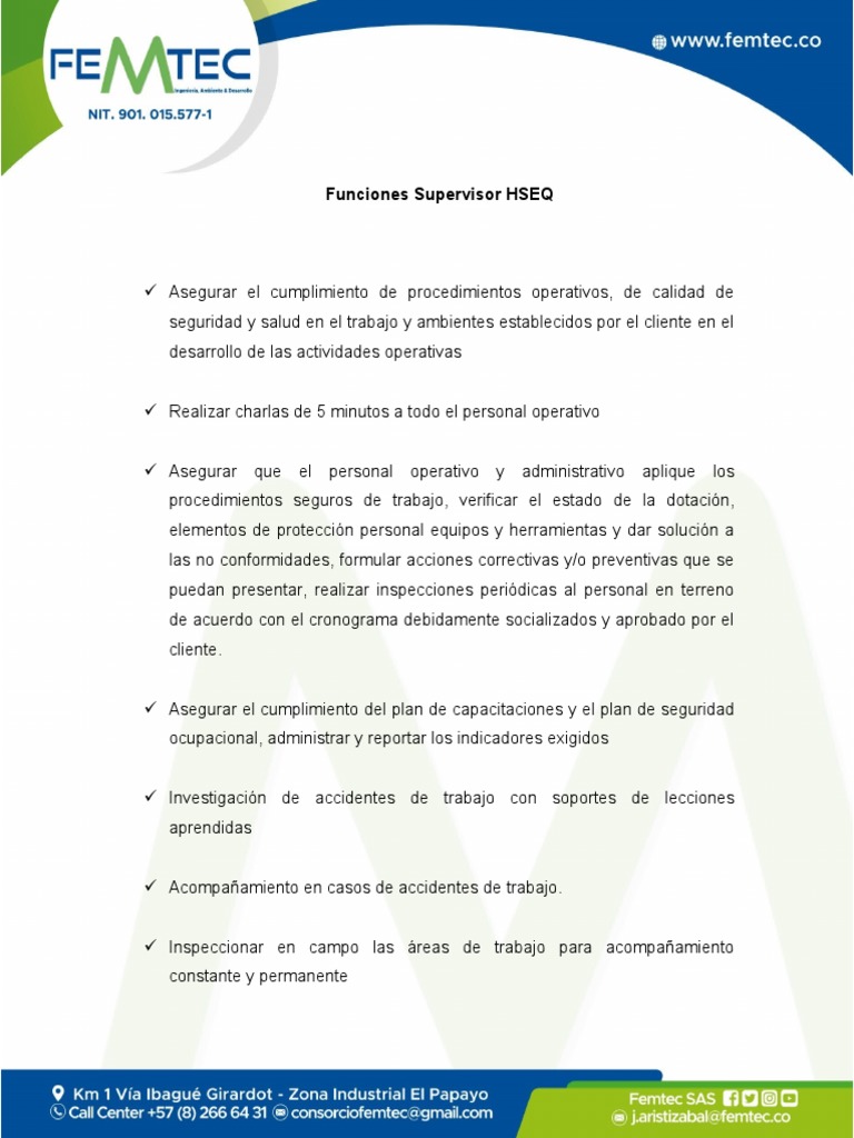 Descripcion de Funciones Supervisor Hseq | PDF | Business | Science