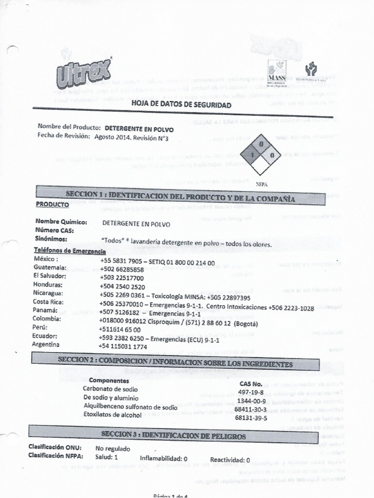 Hoja de Seguridad Ultrex PDF | PDF