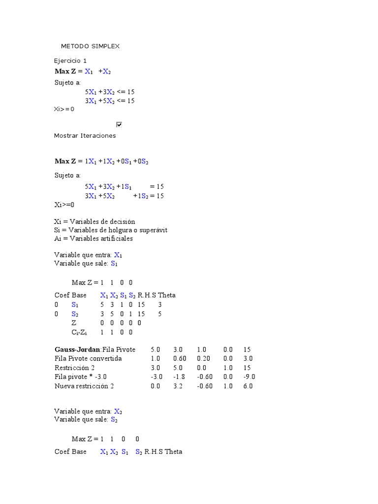 Ejemplo de METODO SIMPLEX | PDF | Optimización Matemática | Algoritmos