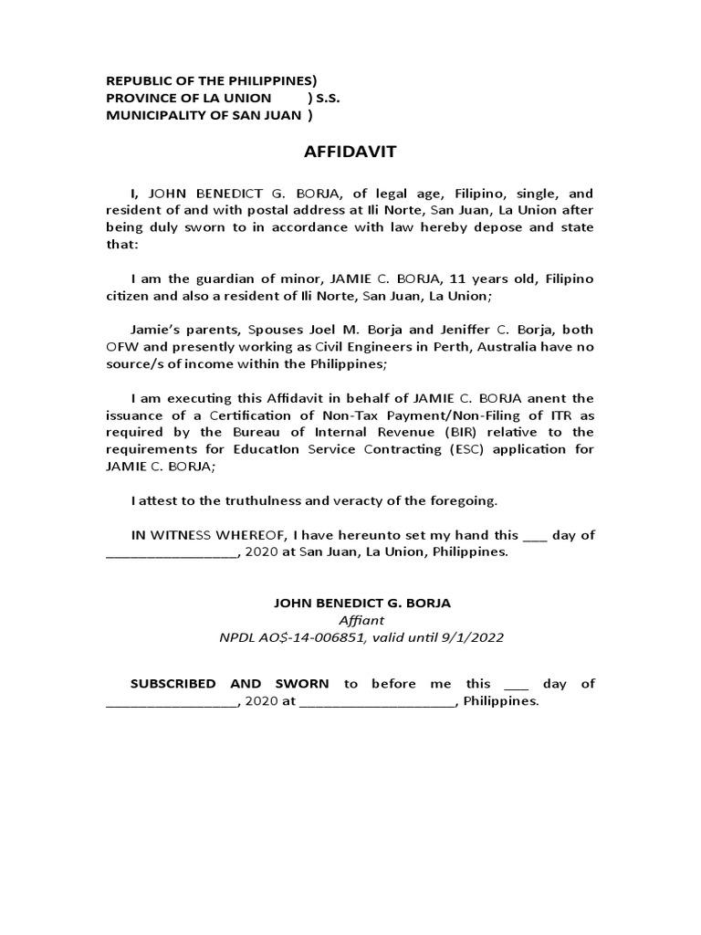 Affidavit of Ofw Parent Non Filing of Itr and No Sources of Income in ...