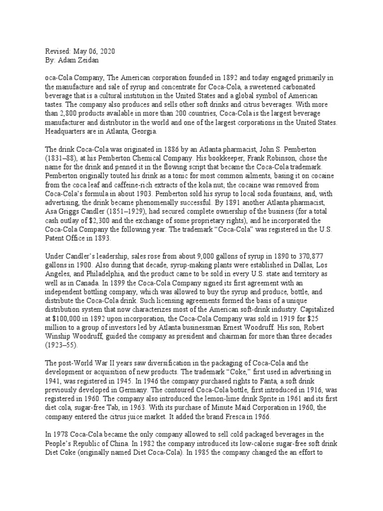 Cocacola Company History | PDF | The Coca Cola Company | Coca Cola