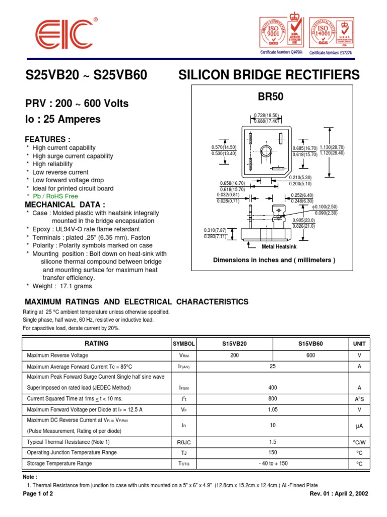S25Vb20 S25Vb60 Silicon Bridge Rectifiers: PRV: 200 600 Volts Io: 25 ...