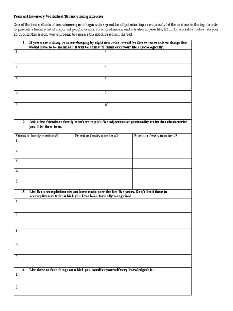 Personal Inventory Worksheet | PDF