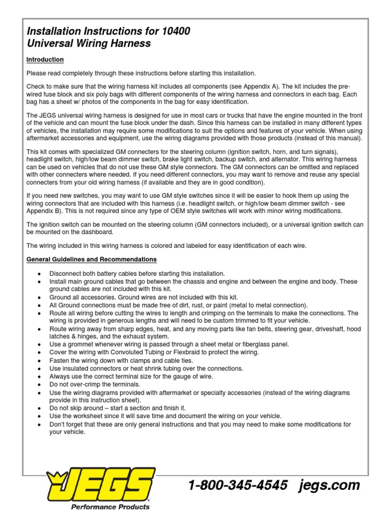 Installation Instructions For 10400 Universal Wiring Harness | PDF ...