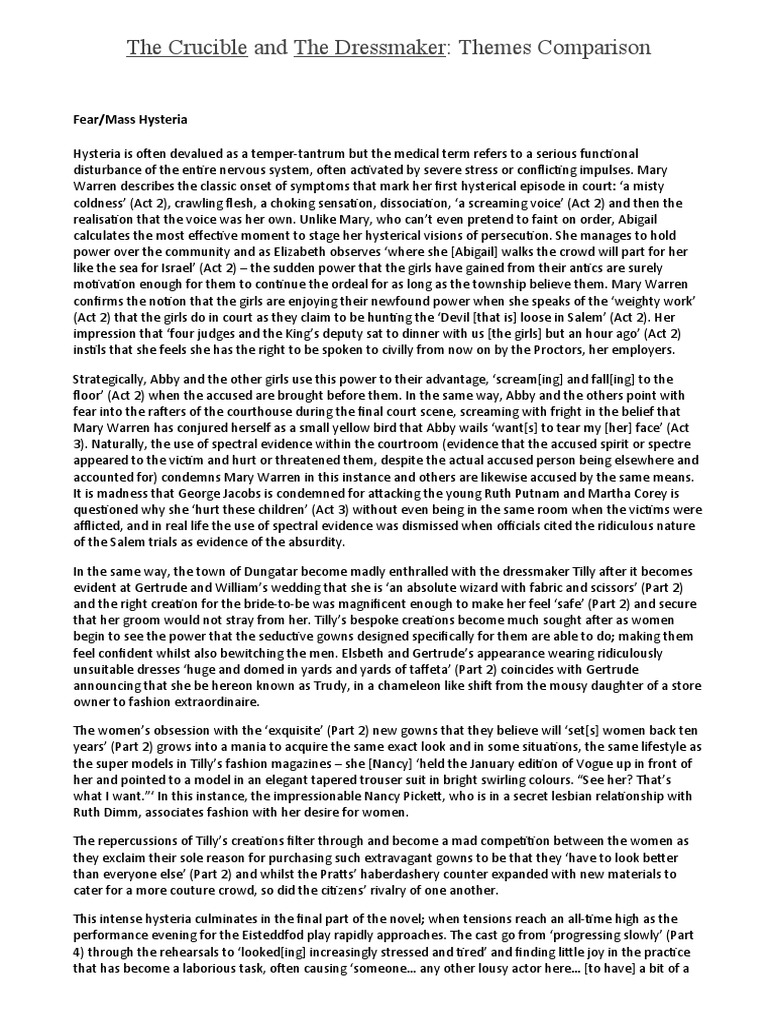 The Crucible and The Dressmaker: Themes Comparison: Fear/Mass Hysteria ...