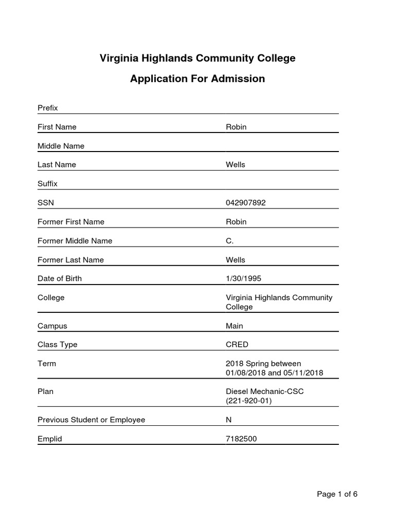 Virginia Highlands Community College Application For Admission | PDF ...