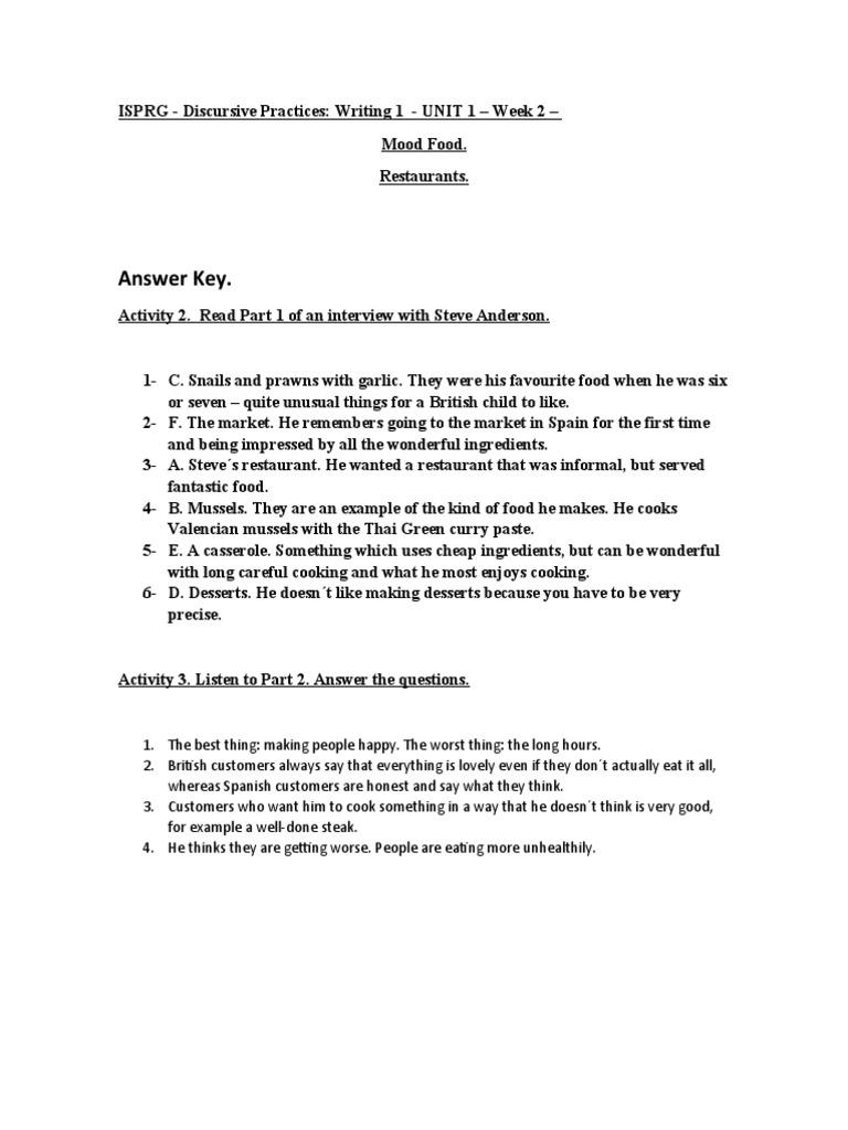 Unit 1. Week 2. Answer Key. | PDF