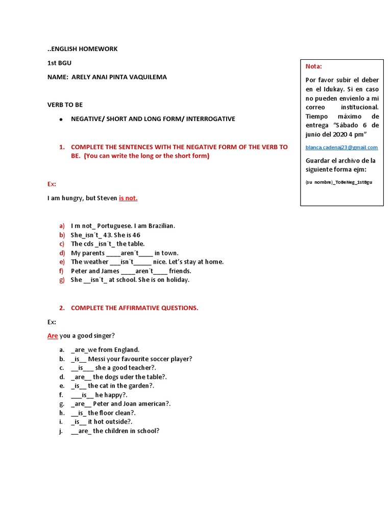 English Homework Verb To Be | PDF