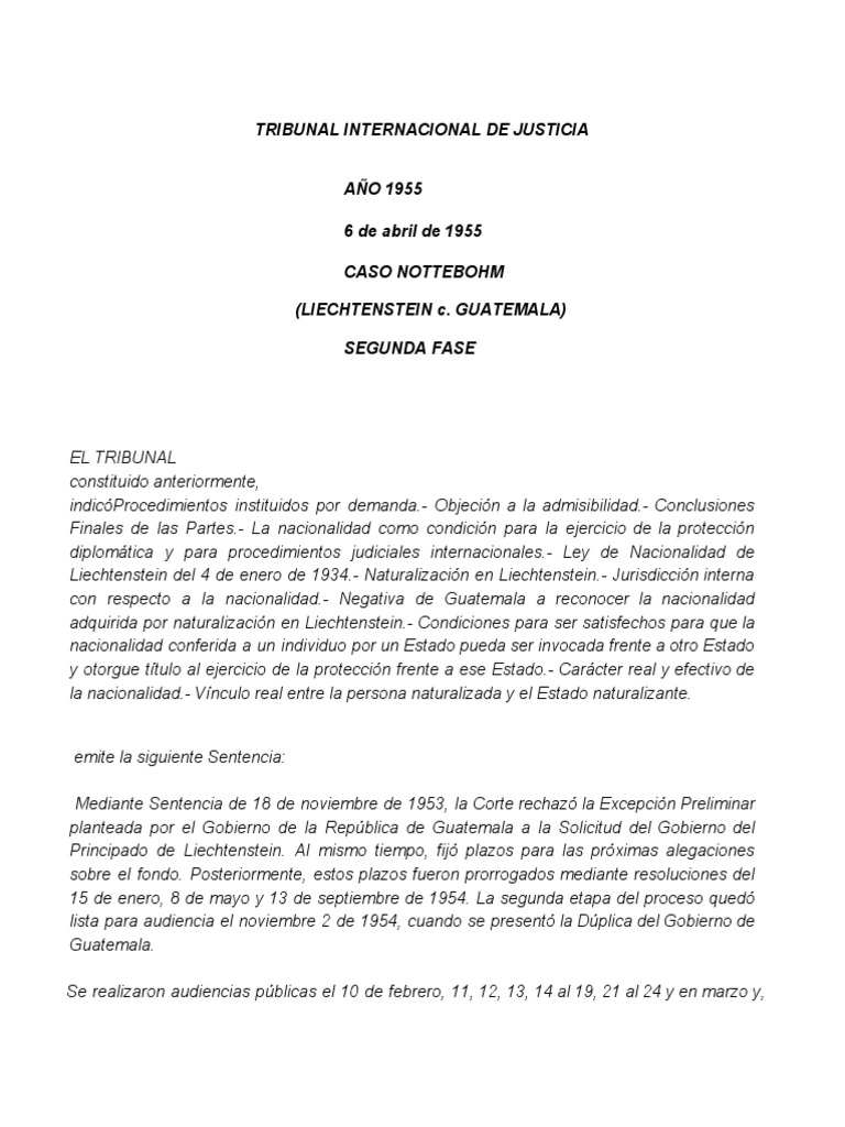 Sentencia del Caso Nottebohm 1955 | PDF | Nacionalidad | Estado (política)