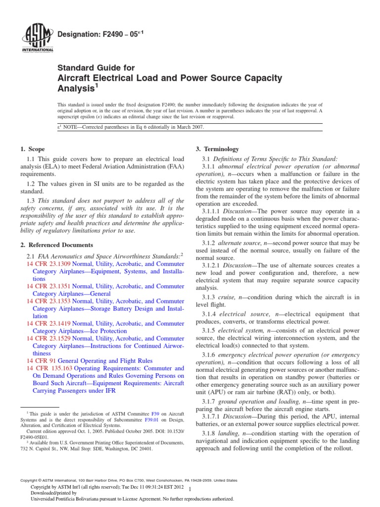 Aircraft Electrical Load and Power Source Capacity Analysis: Standard ...