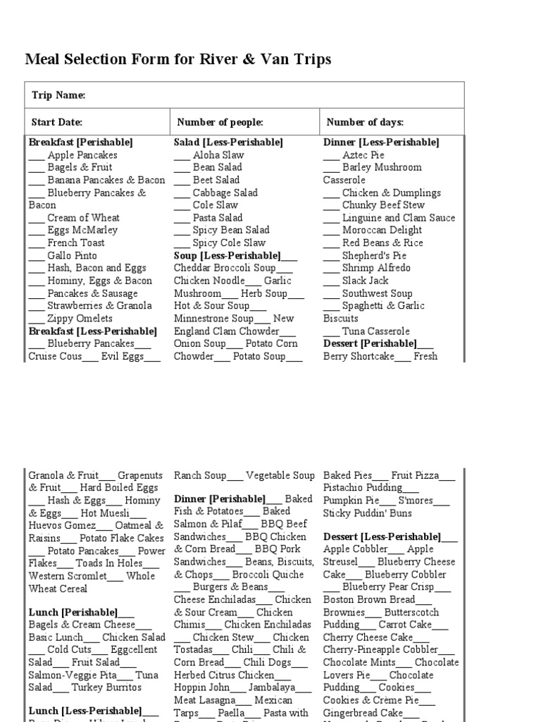 Meal Selection Form For River | PDF | Salad | Pancake