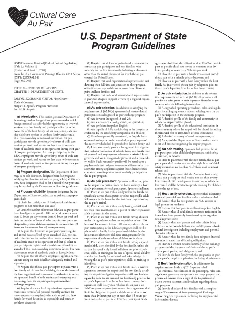U.S. Department of State Program Guidelines: CITE: 22CFR62.31) | PDF ...