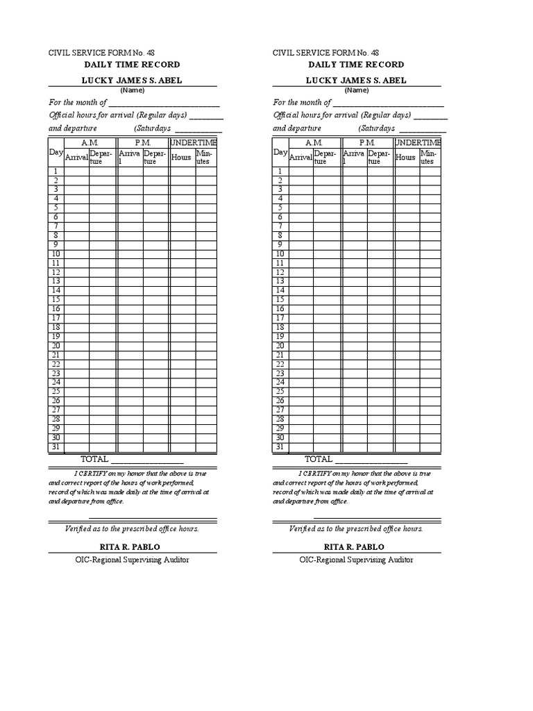Daily Time Record Form Template | PDF