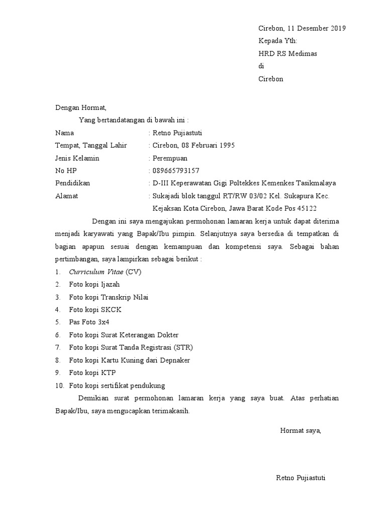 Surat Lamaran Kerja Rs Medimas | PDF