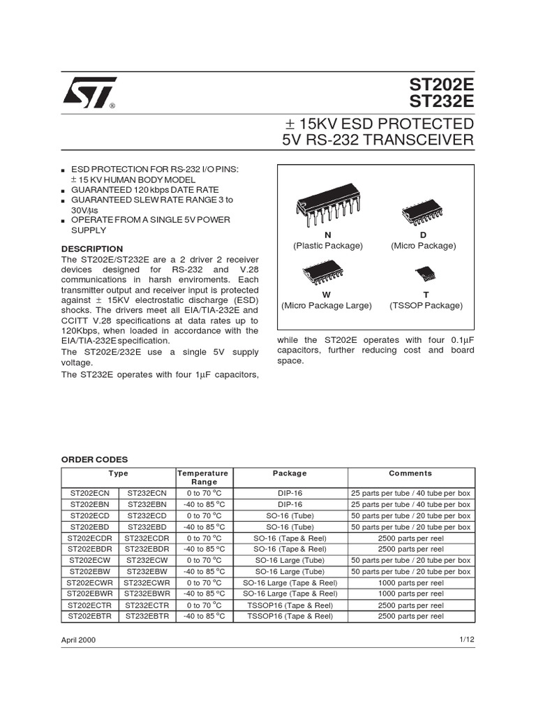 ST202E ST232E: 15Kv Esd Protected 5V Rs-232 Transceiver | Download Free PDF | Electrostatic ...
