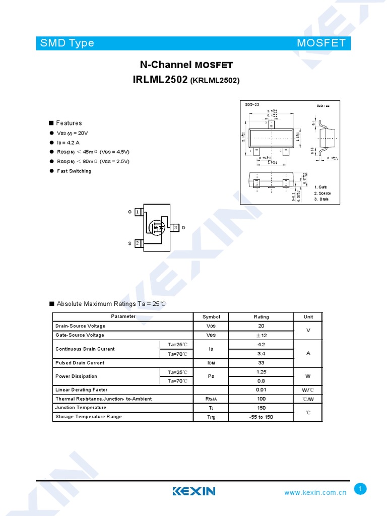 SMD Type Mosfet: N-Channel IRLML2502 | PDF | Field Effect Transistor ...