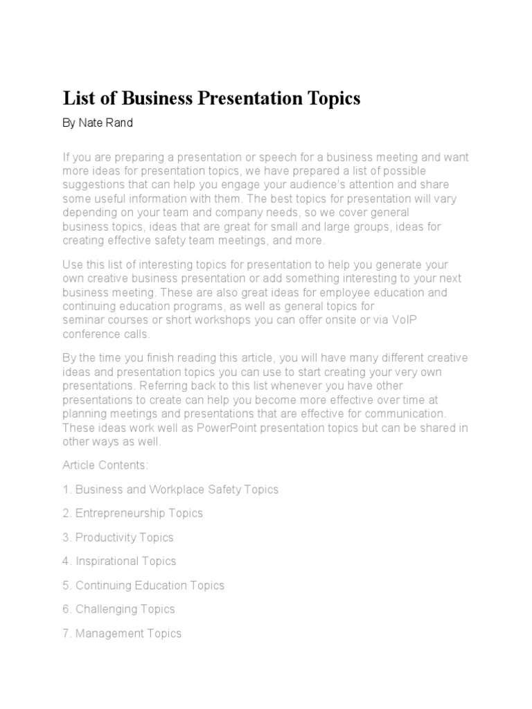 List of Business Presentation Topics | PDF | Entrepreneurship ...