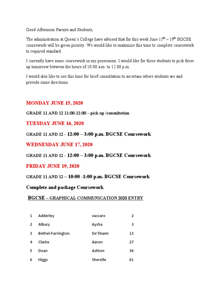 MONDAY JUNE 15, 2020: - 12:00 – 3:00 p.m. BGCSE Coursework