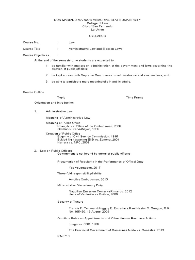 Administrative & Election Law Syllabus | PDF | Commission On Elections ...
