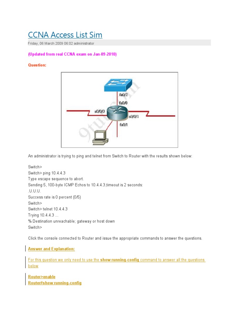 CCNA Access List Sim: (Updated From Real CCNA Exam On Jan-09-2010) | PDF | Internet Protocols ...