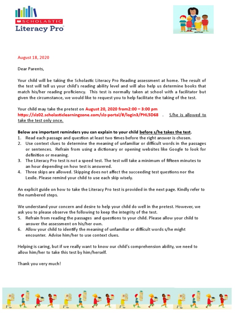 Pretest Letter To Parents For Scholastic | PDF | Literacy | E Books