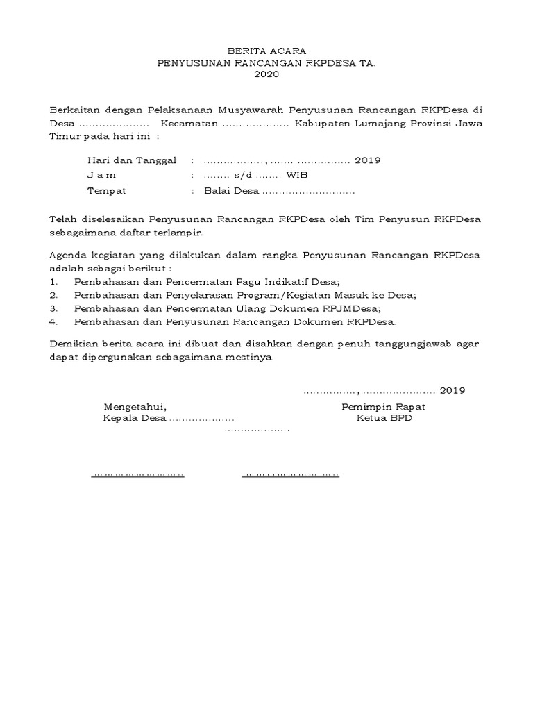 Contoh Berita Acara Penyusunan Rancangan RKP Desa | PDF