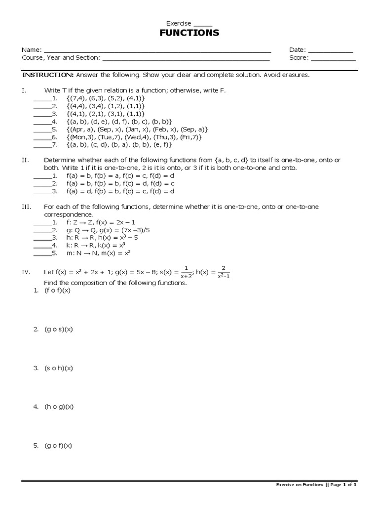 Functions: INSTRUCTION: Answer The Following. Show Your Clear and ...