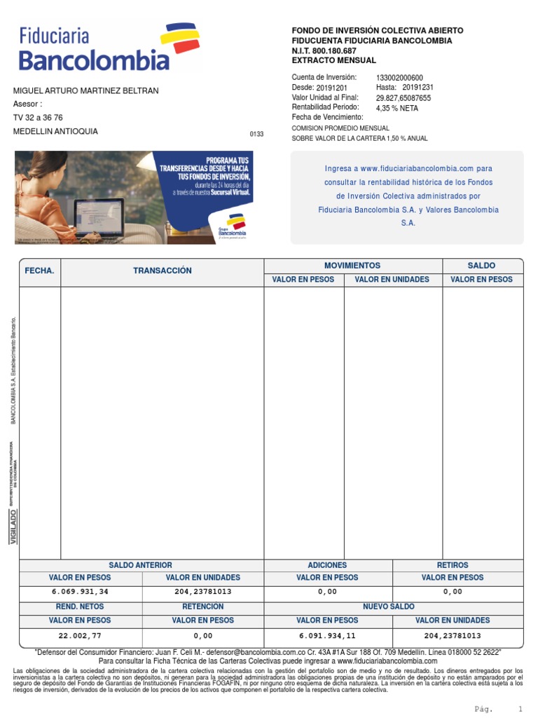 Fondo de Inversión Colectiva Abierto Fiducuenta Fiduciaria Bancolombia N.I.T. 800.180.687 ...