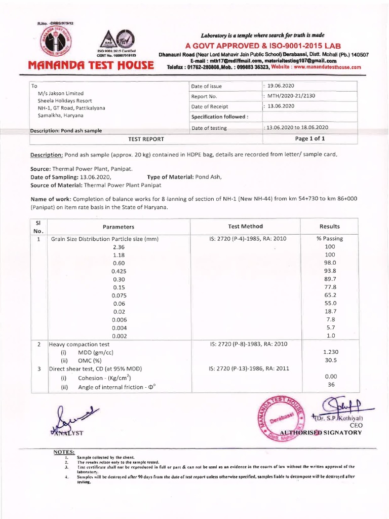 Fly Ash Test Report | PDF