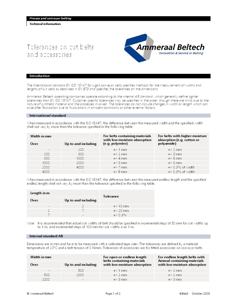 Tolerances On Cut Belts and Accessories: Technical Information | PDF ...