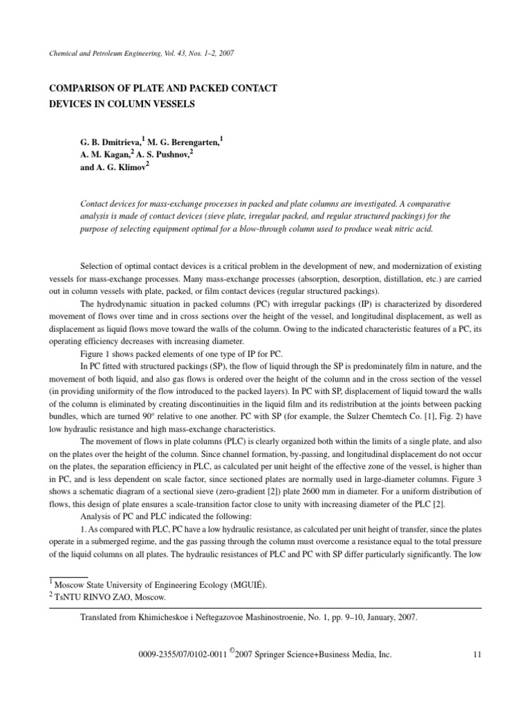 Comparison of Plate and Packed Contact Devices in Column Vessels | PDF ...