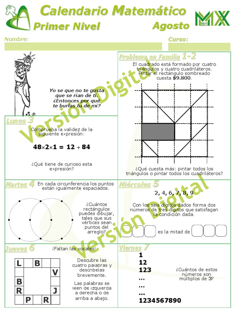 Calendario Matemático Agosto | PDF | Rectángulo | Objetos geométricos