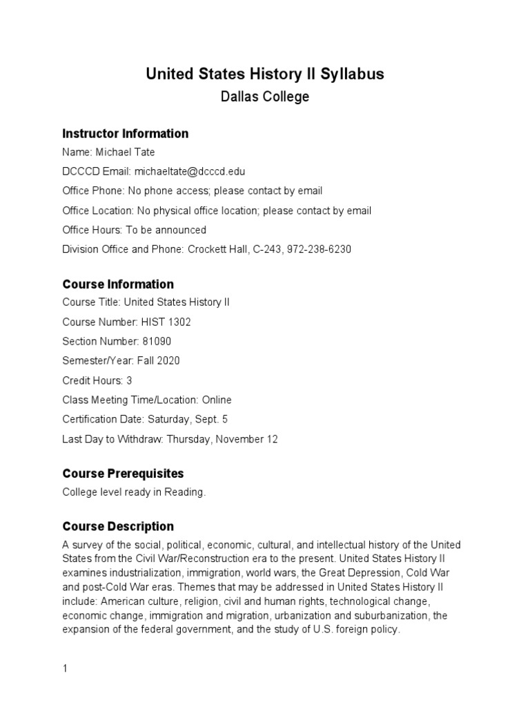 United States History II Syllabus: Dallas College | PDF | Textbook ...