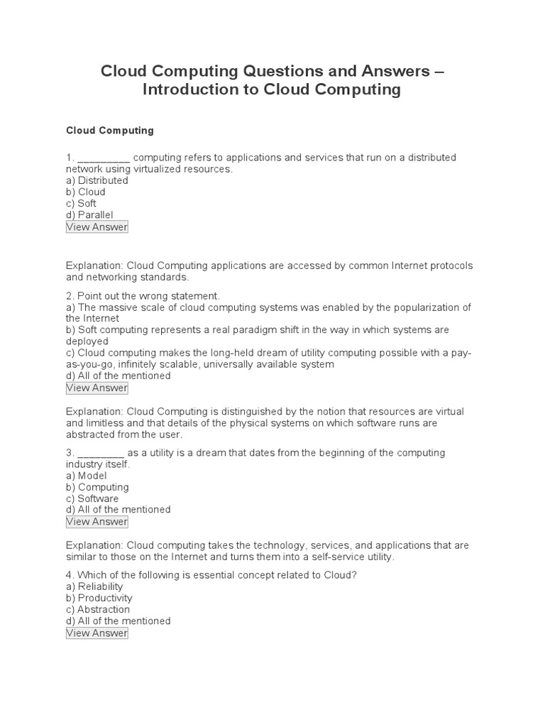 Cloud Computing Questions and Answers - Introduction To Cloud Computing ...