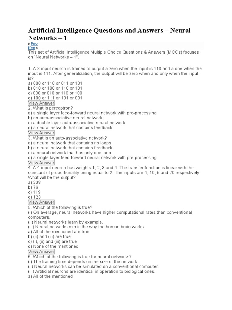 Artificial Intelligence Questions and Answers - Neural Networks - 1 ...