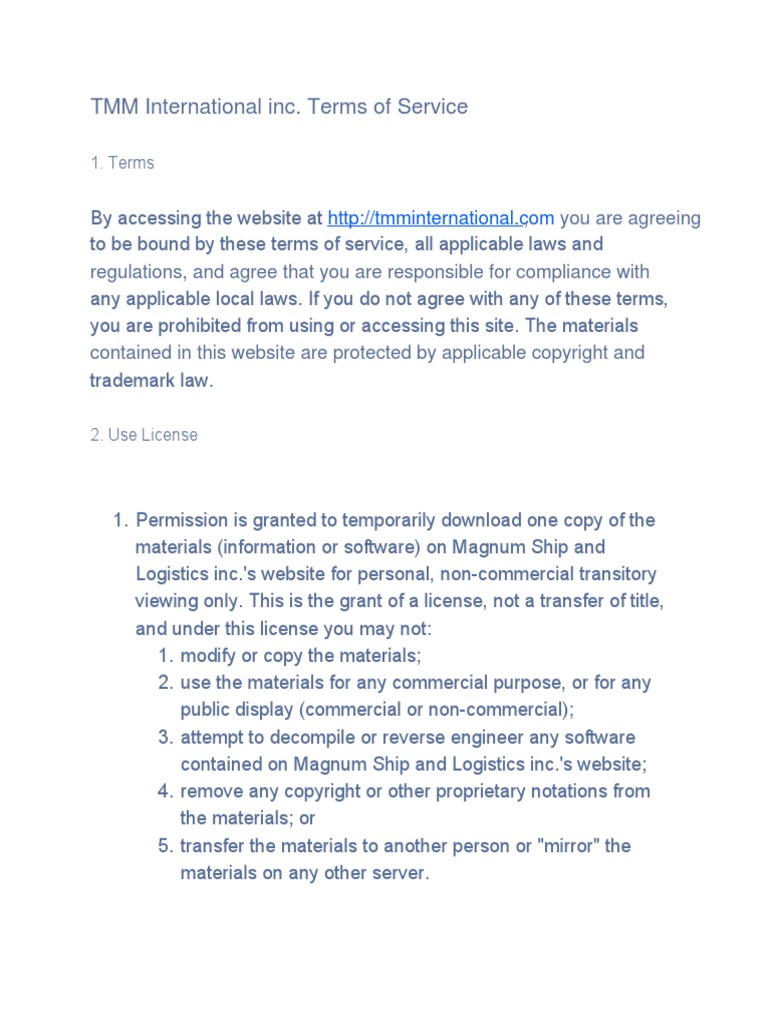 TMM International Inc. Terms of Service | PDF | Copyright | License