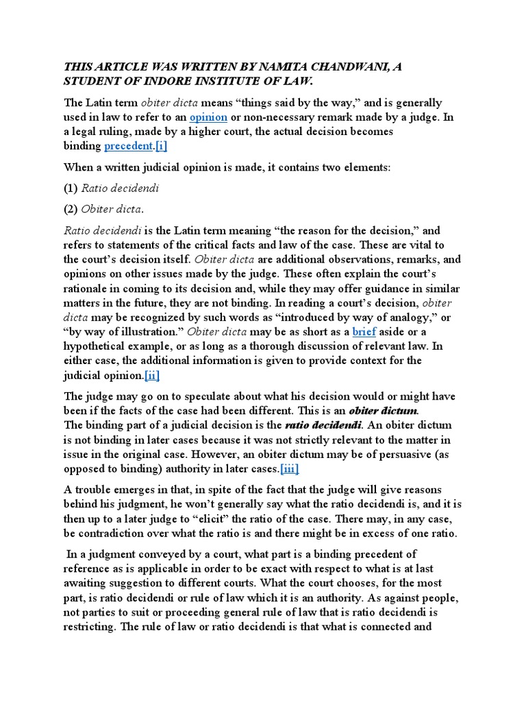 Obiter Dicta and Ratio Decedendi | PDF | Obiter Dictum | Precedent