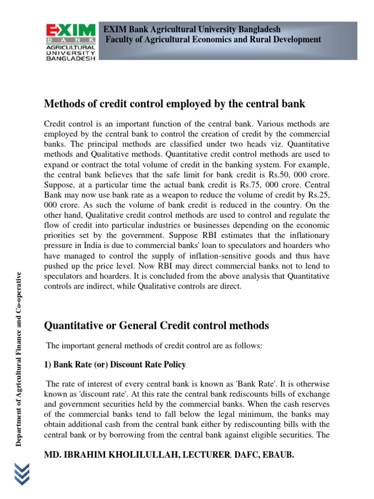Methods of Credit Control Employed by The Central Bank | PDF | Central ...
