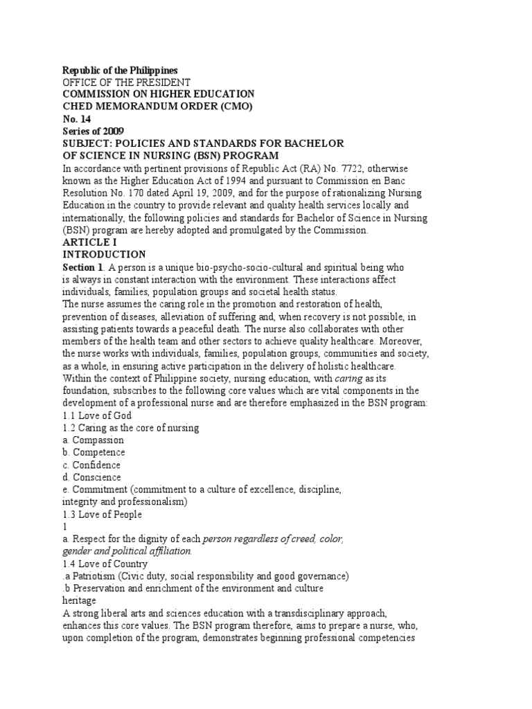 Ched Memorandum Order (Cmo) No. 14 Series of 2009 Subject: Policies and Standards For Bachelor ...