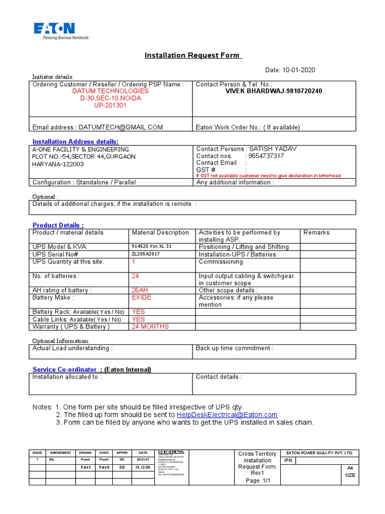 Eaton UPS Installation Request Form-IRF-version21052018 | PDF | Business