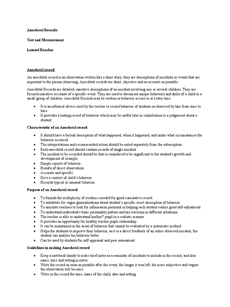 Anecdotal Records Test and Measurement Lemuel Razalan | PDF | Behavior ...