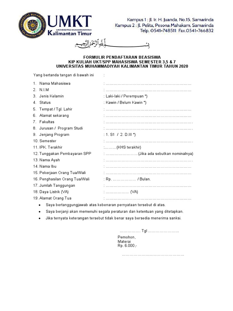 Formulir Pendaftaran KIP Kuliah UKT 3,5,7 | PDF