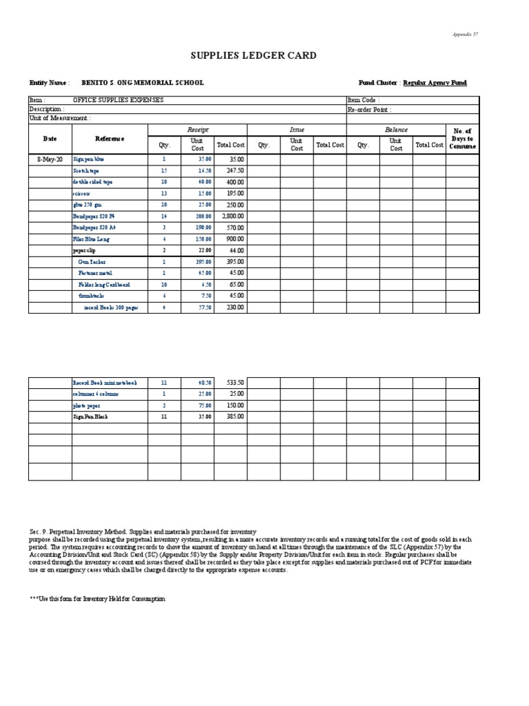 Supplies Ledger Card: Entity Name: Benito S. Ong Memorial School Fund ...