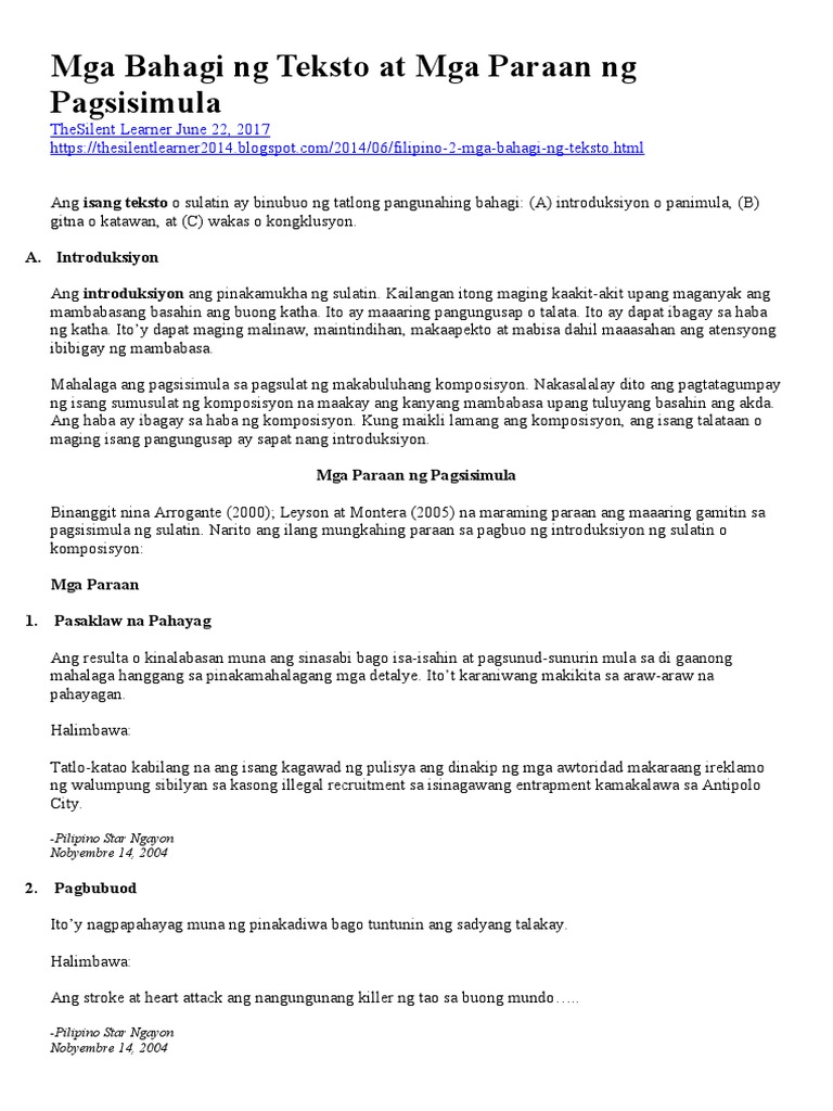 Mga Bahagi NG Teksto at Mga Paraan NG Pagsisimula | PDF