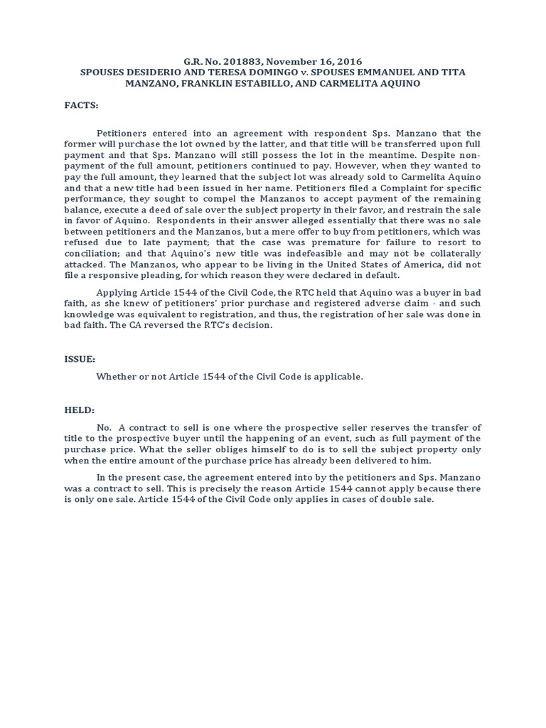 Court rules Article 1544 inapplicable in case of contract to sell | PDF