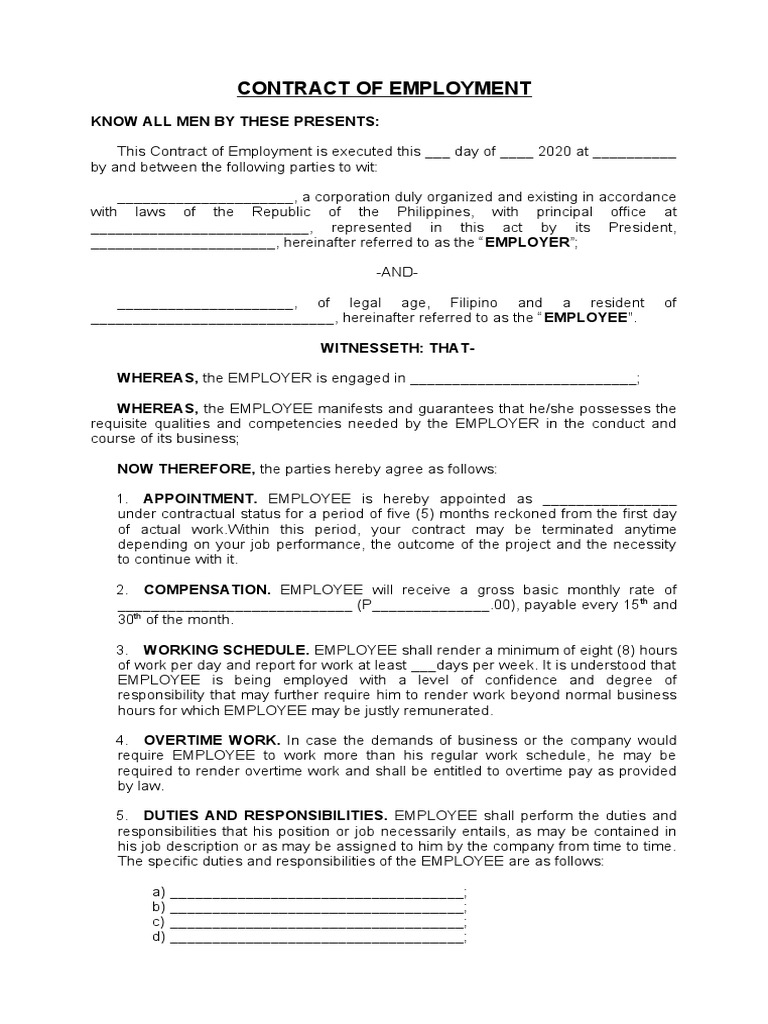 CONTRACT OF EMPLOYMENT - Contractual | PDF | Overtime | Employment