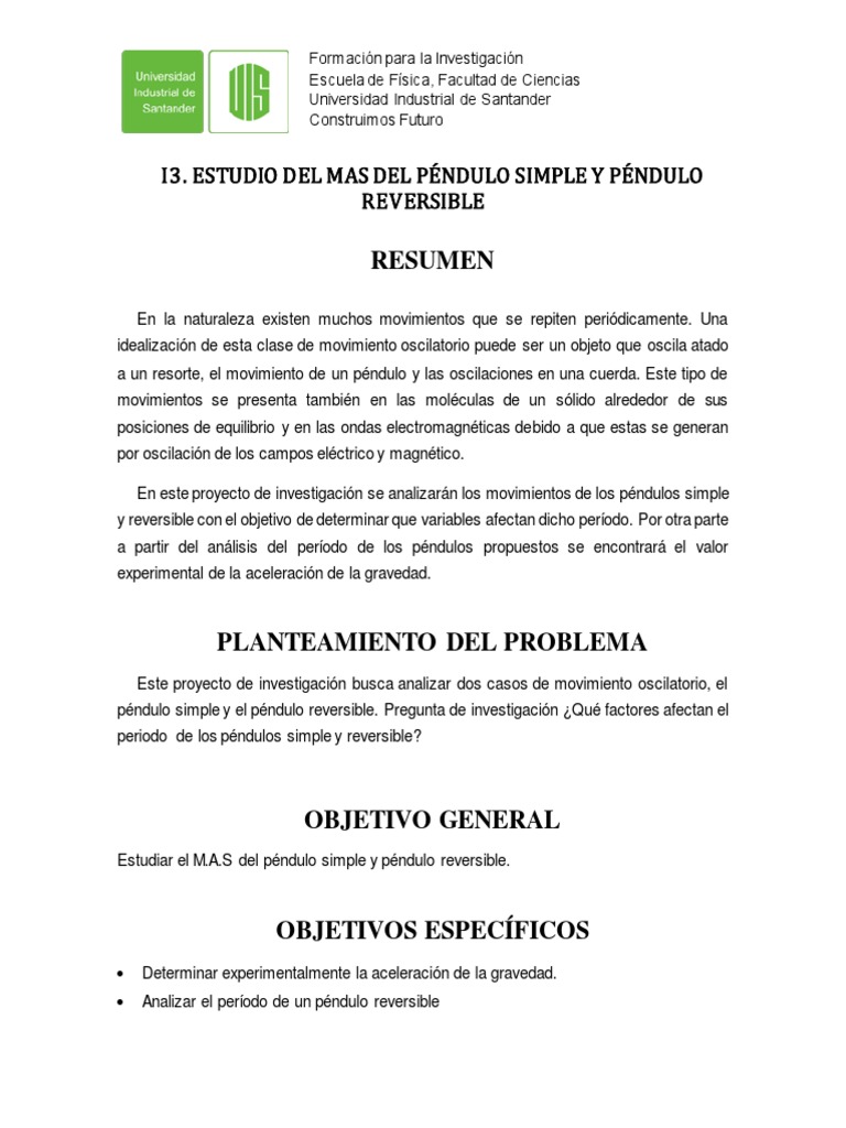 Resumen: I3. Estudio Del Mas Del Péndulo Simple Y Péndulo Reversible | PDF | Péndulo | Oscilación