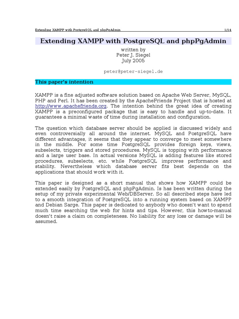 Extending Xampp With Postgresql And Phppgadmin This Papers Intention Download Free Pdf